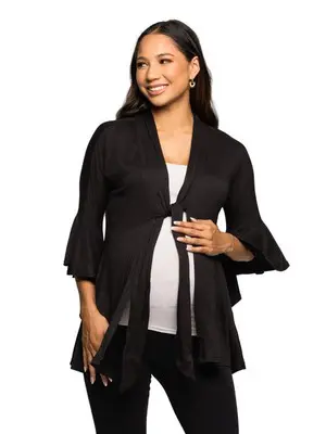 24SEVEN COMFORT APPAREL Tie Front Bell Sleeve Maternity Cardigan Black