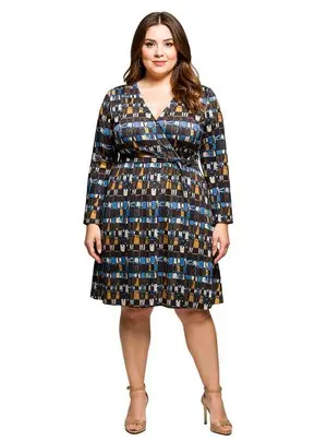 24SEVEN COMFORT APPAREL Wrap Dress With Belt And Long Sleeves - Brown Multi