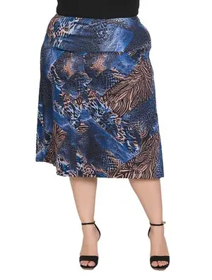 24SEVEN COMFORT APPAREL Animal Print Knee Length Skirt - Blue Multi