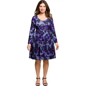 24SEVEN COMFORT APPAREL Printed Empire Waist Dress - Purple Multi