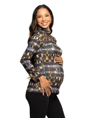 24SEVEN COMFORT APPAREL Mock Neck Long Sleeve Printed Top - Green Multi
