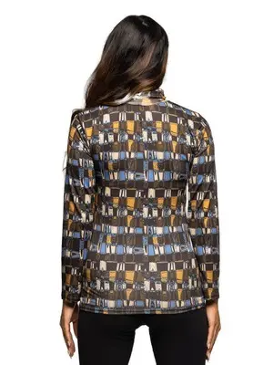 24SEVEN COMFORT APPAREL Mock Neck Long Sleeve Printed Top - Green Multi