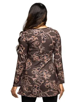 24SEVEN COMFORT APPAREL Floral Print Long Sleeve Tunic Top - Brown Multi
