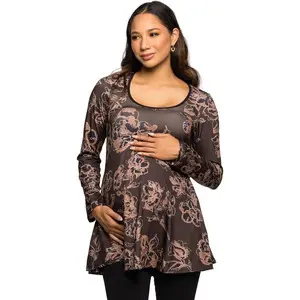 24SEVEN COMFORT APPAREL Floral Print Long Sleeve Tunic Top - Brown Multi
