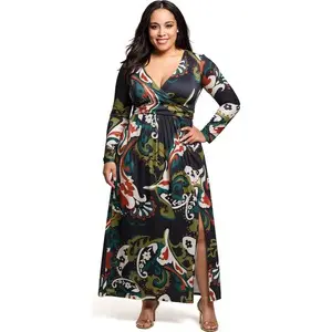 24SEVEN COMFORT APPAREL Paisley Print Wrap Maxi Dress - Navy Multi