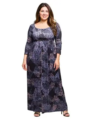 24SEVEN COMFORT APPAREL Printed Empire Waist Maxi Dress - Grey Multi