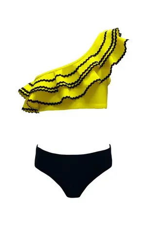 NESSI BYRD Ruffle Ric-rac Trim One-shoulder Bikini Set - Yellow-black