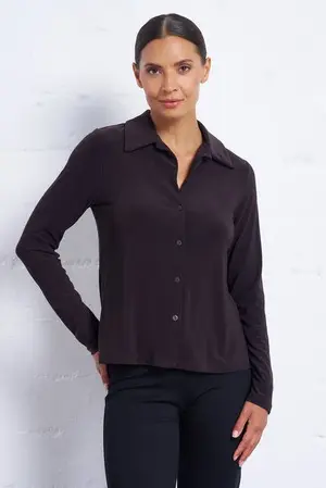 FRANNE GOLDE Luxe Stretch Jersey Button-up Shirt - Espresso