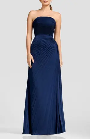 Dress The Population Kinley Accordion Pleat Strapless Gown - Navy
