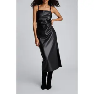 KENNETH COLE Side Pleat Faux Leather Midi Dress - Black