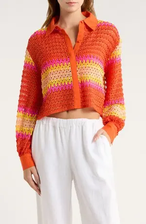 Ramy Brook Metallic Knit Cover-up Shirt - Vivid Orange Crochet