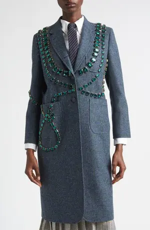 Thom Browne Windowpane Tweed Trompe L'oeil Swarovski Crystal Long Jacket