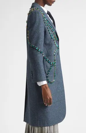 Thom Browne Windowpane Tweed Trompe L'oeil Swarovski Crystal Long Jacket