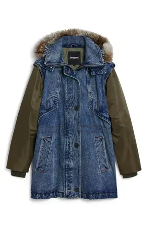 Desigual Denim Parka With Removable Hood And Sleeves