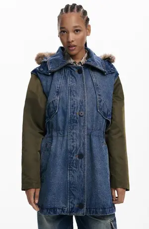 Desigual Denim Parka With Removable Hood And Sleeves