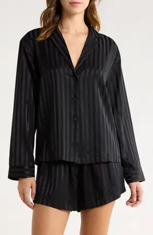 Lunya Stripe Washable Silk Button-up Short Pajamas - Immersed Black Jacquard