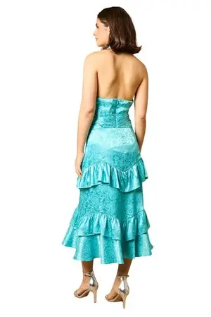 OASIS Halterneck Satin Jacquard Midi Dress - Aqua