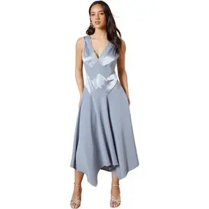 OASIS V-neck Mesh Asymmetric Midi Dress - Blue