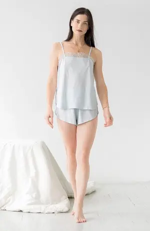 SALUA Sofia Brushed Pima Cotton Lace Camisole & Shorts Set - Powder Blue