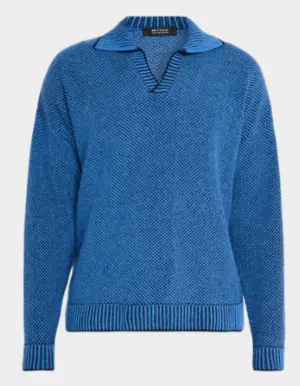 KNT Men's Bicolor Wool Knit Johnny Collar Polo Sweater - Blu
