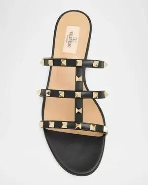 Valentino Garavani Rockstud Caged Leather Flat Slide Sandals - Nero