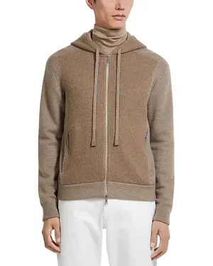 Zegna Melange Oasi Cashmere Full Zip Hoodie - Light Taupe Mélange