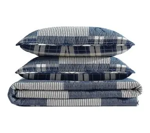 Eddie Bauer Moose Plaid Patchwork Blue Cotton F /q Quilt Set