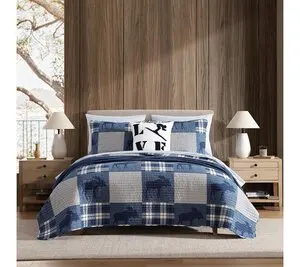 Eddie Bauer Moose Plaid Patchwork Blue Cotton King Quilt Set