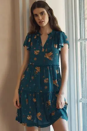 anthropologie blue ruffle dress Current Air Anthropologie Blue Ruffle Short Sleeve Round Neck Lined Midi  Dress M