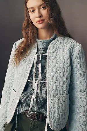 FOREVER THAT GIRL Quilted Velvet Tie-front Jacket - Light Blue
