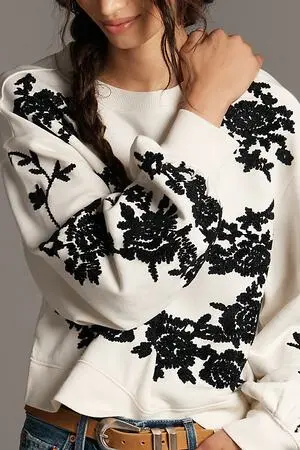 Anthropologie Embroidered Chenille Sweatshirt - Gardenia