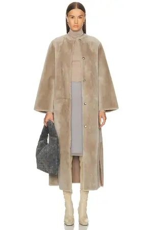 YVES SALOMON Extra Long Draped Shearling Reversible Coat