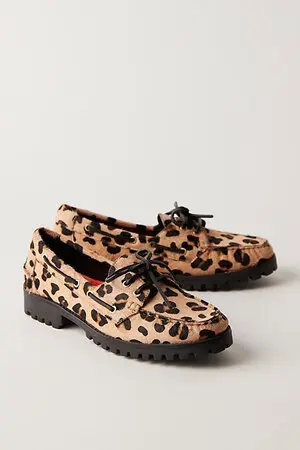 BRONX Printed Hair-on Leather Boat Shoes - Brown/oatmilk/black