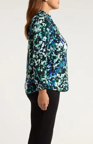 Anne Klein Printed Ruffle Neck Top With Smocked Cuffs