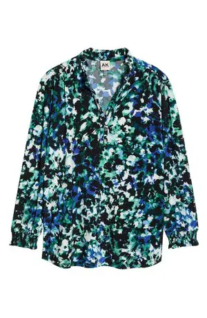 Anne Klein Printed Ruffle Neck Top With Smocked Cuffs