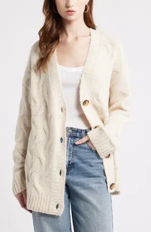 Treasure & Bond Oversized Cable Stitch Cardigan - Beige Oatmeal Light Heather