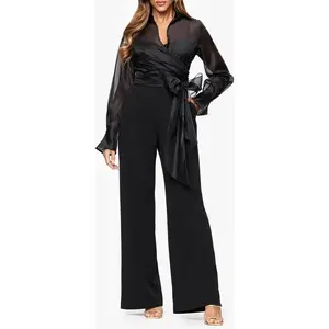 XSCAPE EVENINGS Mixed Media Long Sleeve Jumpsuit - Black