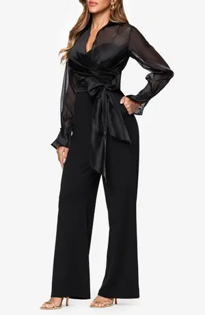 XSCAPE EVENINGS Mixed Media Long Sleeve Jumpsuit