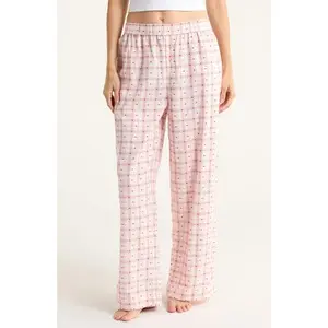OPEN EDIT Print Flannel Boxer Pajama Pants - Ivory- Red Heart Sketch Plaid