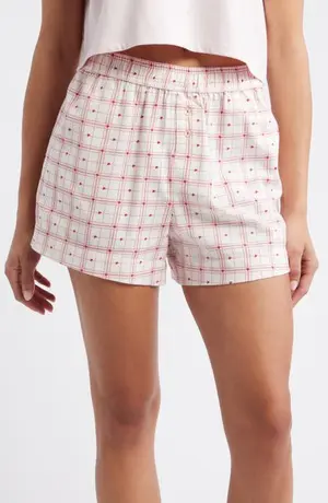 OPEN EDIT Print Cozy Flannel Boxer Pajama Shorts - Ivory- Red Heart Sketch Plaid