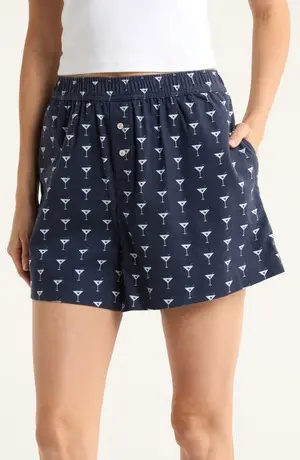 OPEN EDIT Print Cozy Flannel Boxer Pajama Shorts - Navy Classic Mocktail