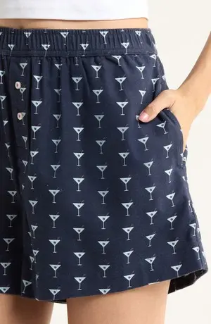 OPEN EDIT Print Cozy Flannel Boxer Pajama Shorts - Navy Classic Mocktail
