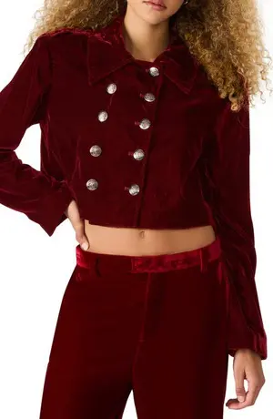 Steve Madden Tonia Velvet Double Breasted Crop Jacket - Red Velvet