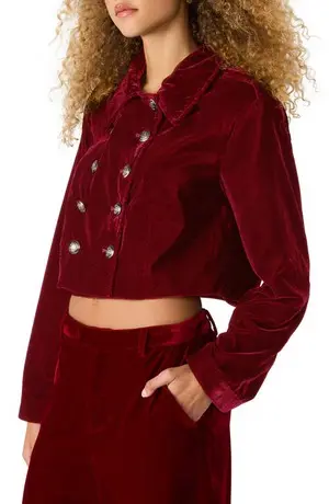 Steve Madden Tonia Velvet Double Breasted Crop Jacket - Red Velvet