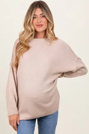 PINKBLUSH Oversized Crewneck Melange Knit Sweater - Beige