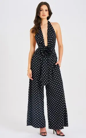 MISS CIRCLE Orianaa Polka Dots Halter Jumpsuit - Black