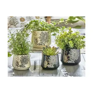 TAG Let It Bee Flower Print Planter Small Glazed Ivory Stoneware
