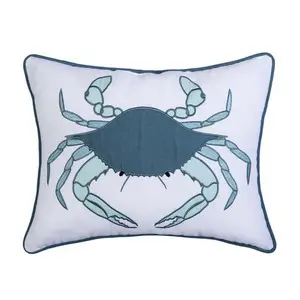 C&F HOME Sea Glass Crab Embroidered Piped Cotton Blend Accent Pillow 14" X 18 - Blue