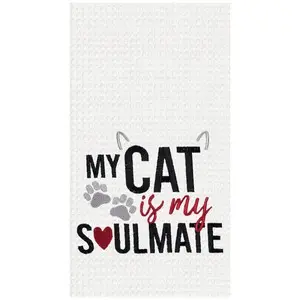 C&F HOME Cat Is My Soulmate Kitchen And Bathroom Embroidered Waffle Hand Towel - Black