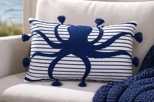 C&F HOME Indigo Stripes Octopus Cotton Blend Lumbar Accent Pillow 14" X 22